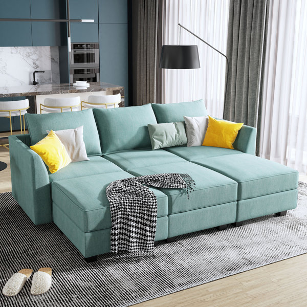 U Shaped Sleeper Sectional Reversible Modular Sectional Sofa Latitude Run Fabric Blue Polyester
